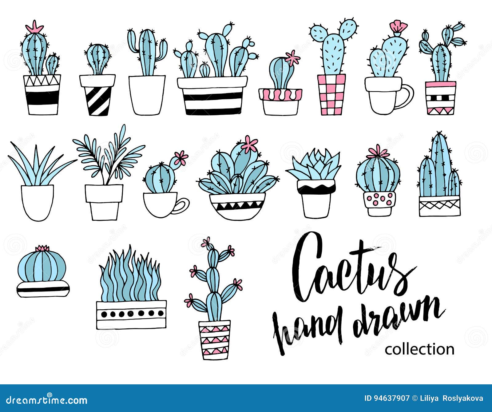 Cactus Doodle Illustration Wallpaper Background Line Sketch Style Set ...
