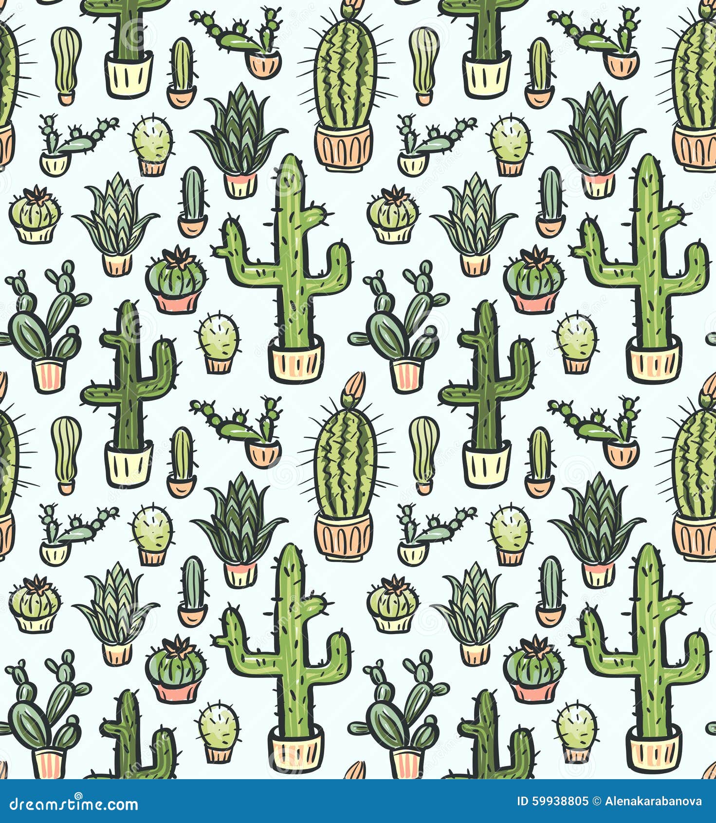 Cactus Hand-drawn Seamless Pattern Stock Vector - Illustration of ...