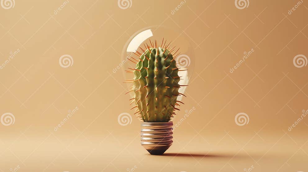 Cactus Inside a Light Bulb on Beige Background, Creative Concept Stock ...