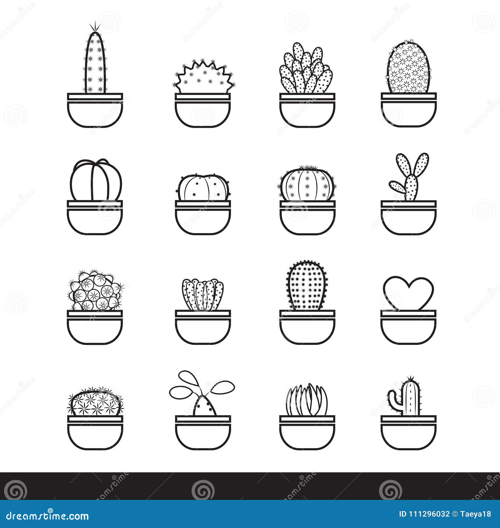 Cactus line black icon set stock vector. Illustration of potted - 111296032