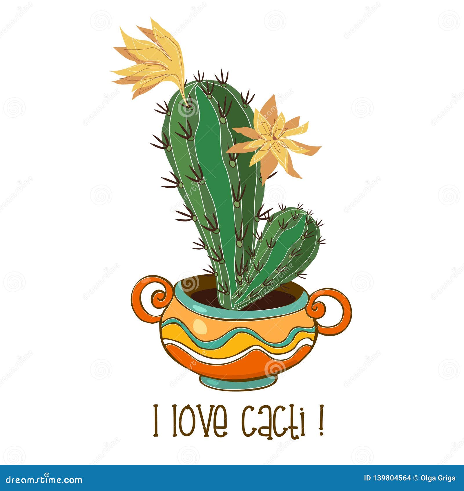 Cactus in a Nice Clay Pot. Inscription. I Love Cacti Stock Illustration ...