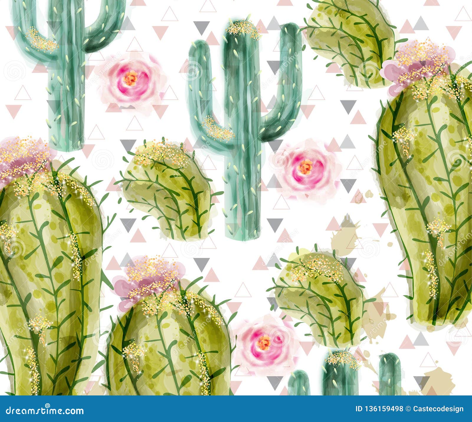 Cactus Pattern Vector Watercolor. Summer Exotic Texture. Tropic ...
