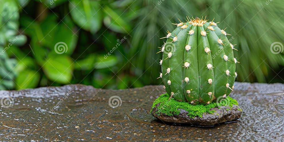 Cactus Plant Growing on Moss-covered Rock Stock Illustration ...
