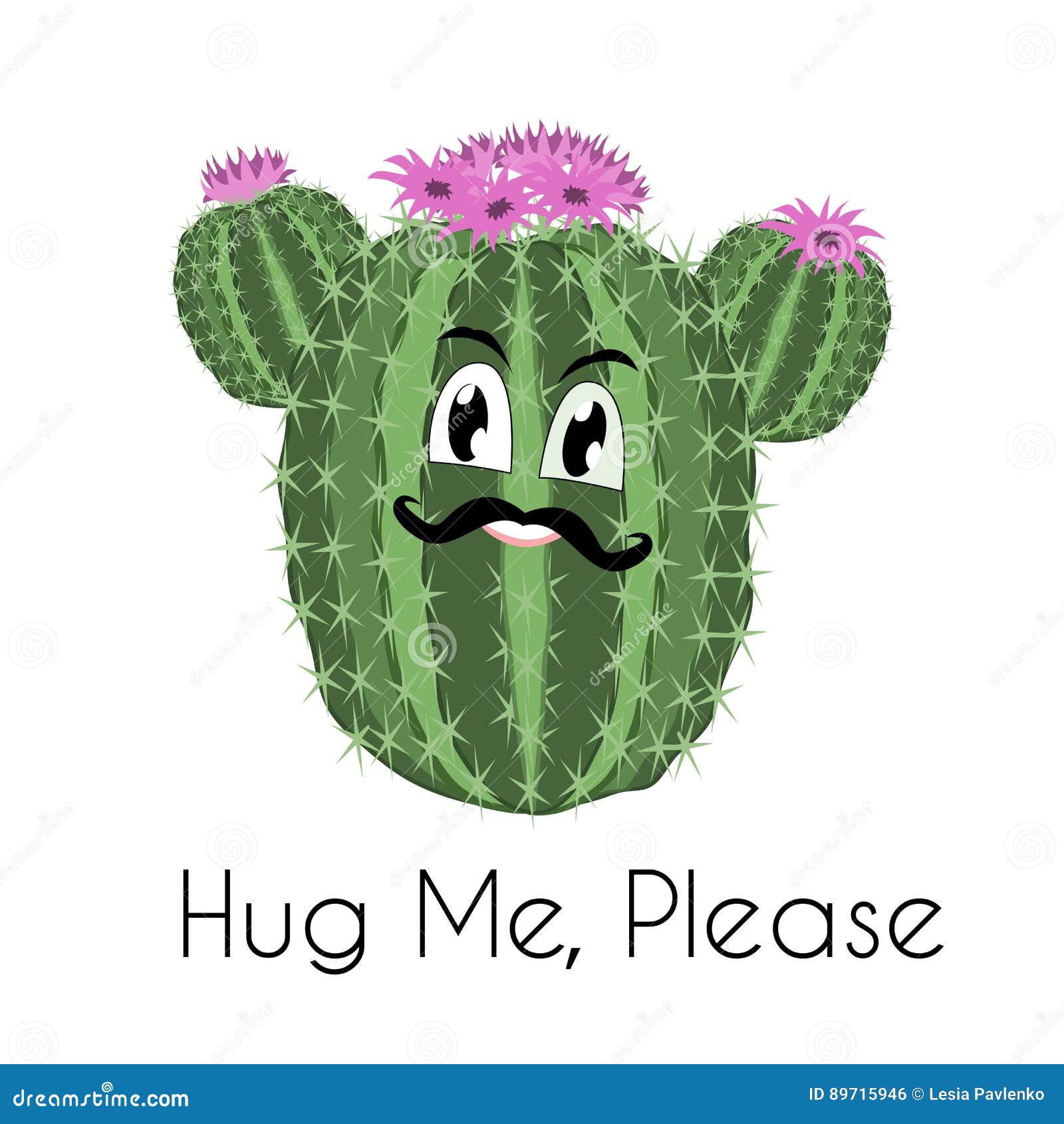 Cactus Print with Funny Cactus in Vector. Postcard `Hug Me Please ...
