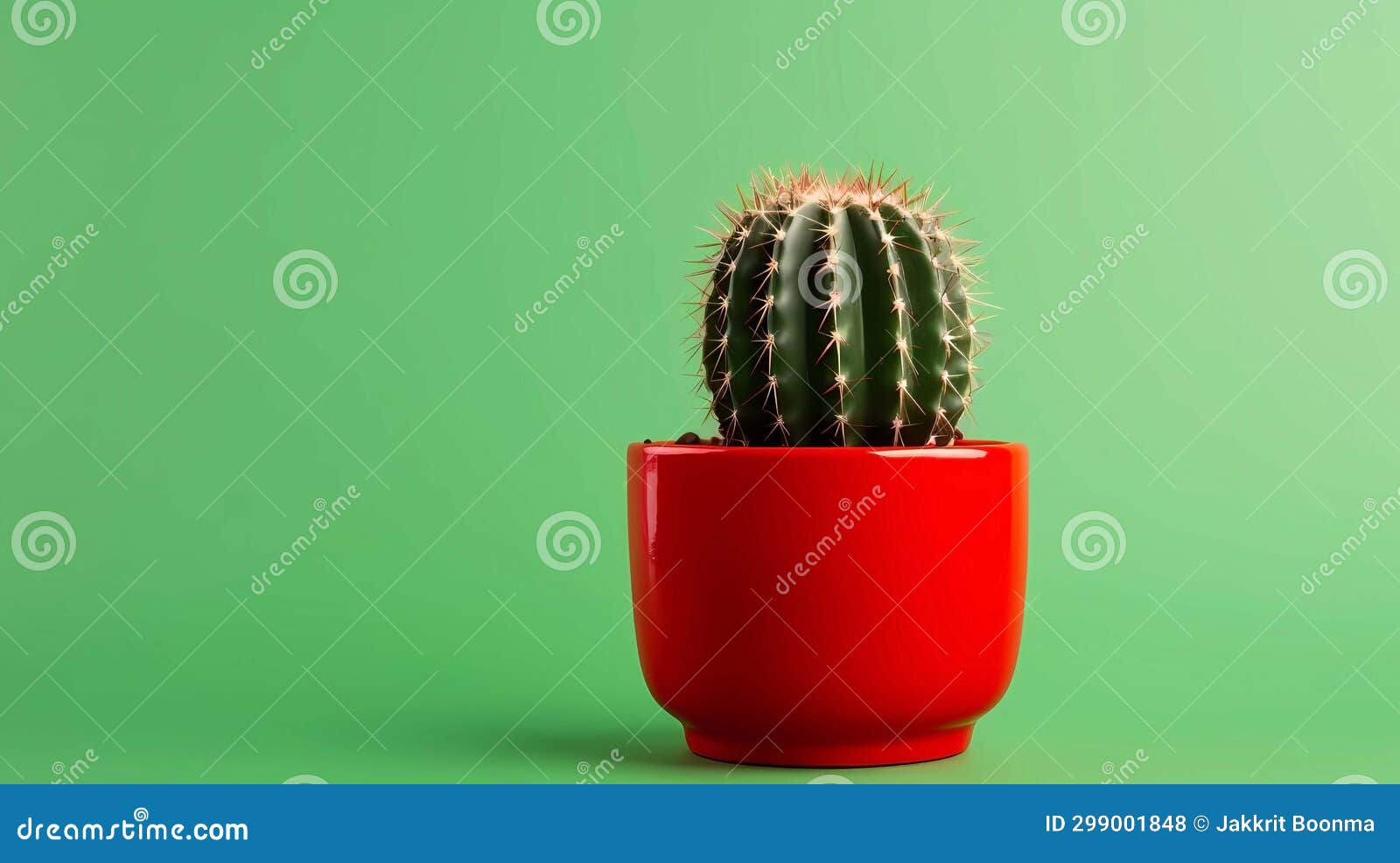Cactus In Red Pot On Green Background Minimal Style Generative Ai