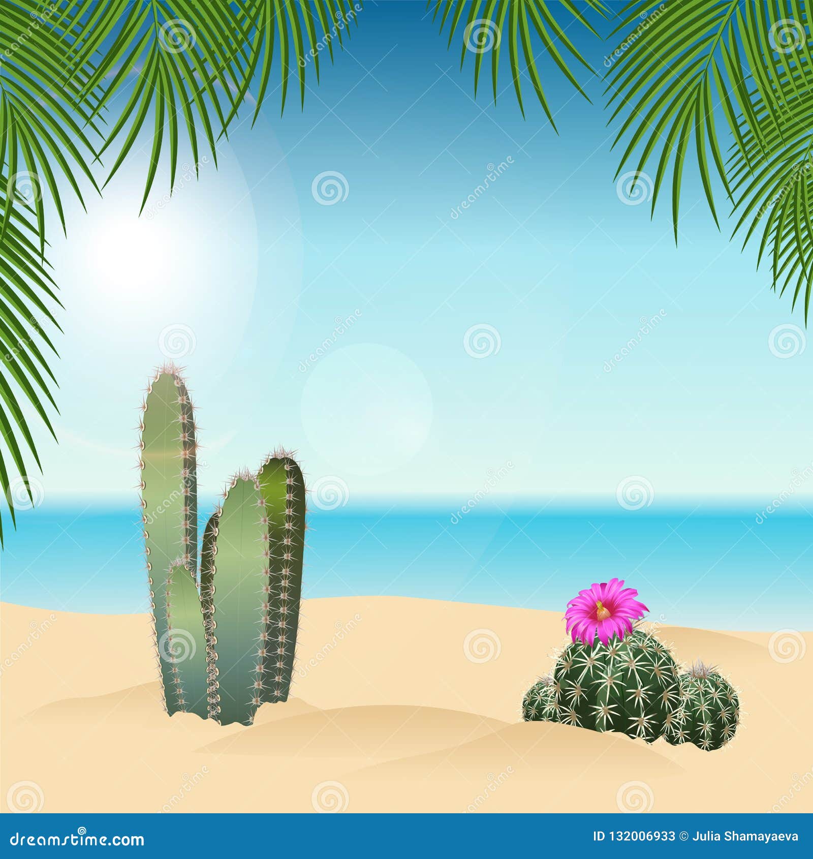 Cactus on the sandy beach. stock vector. Illustration of tropical ...