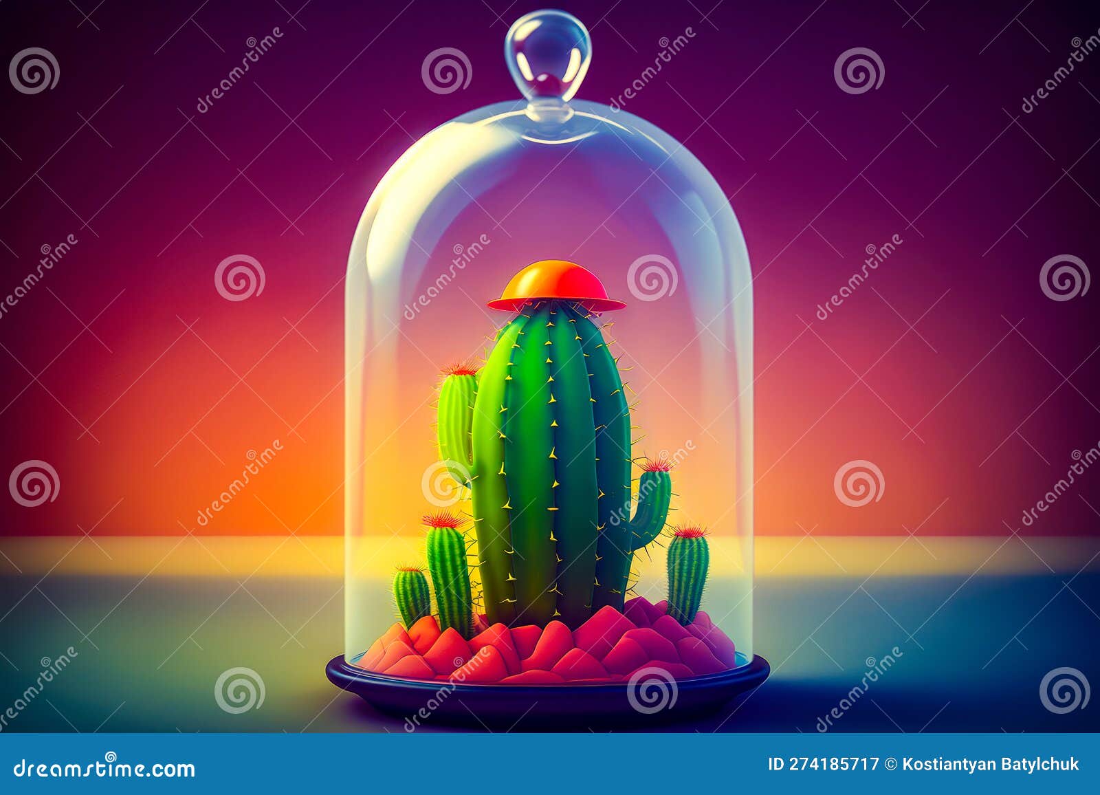 Cactus Under Glass Dome on Table. Generative AI Stock Illustration ...