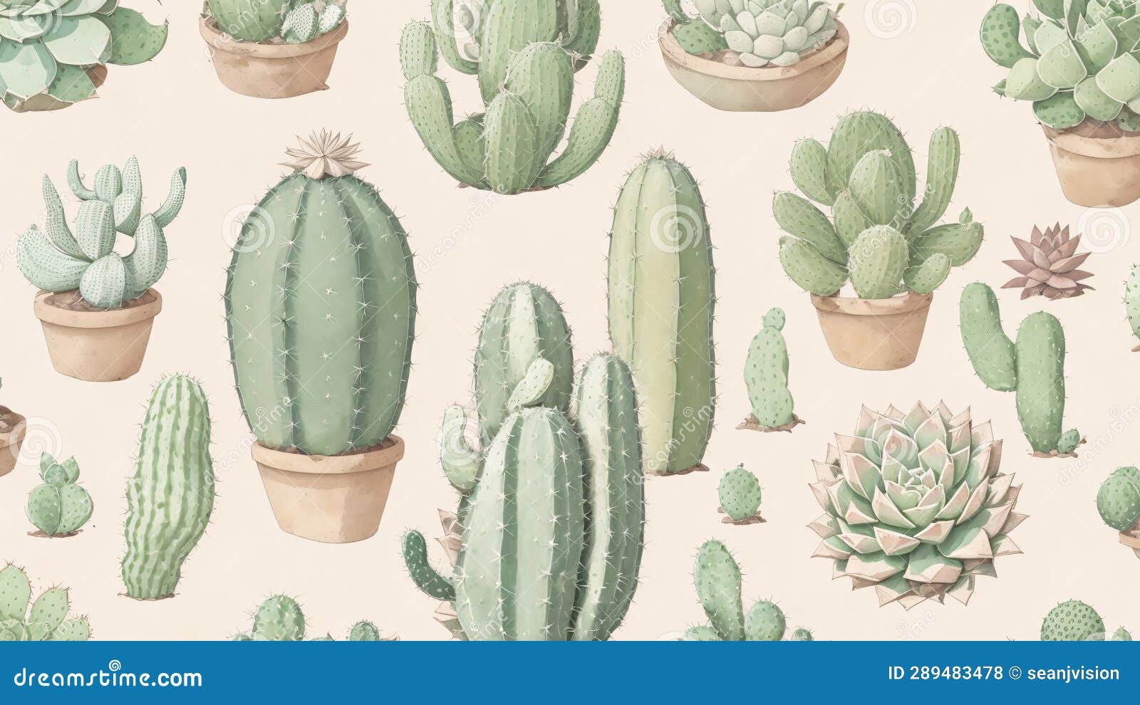 Cactuses in Pots Seamless Pattern, Vintage Hand Drawn Illustration ...