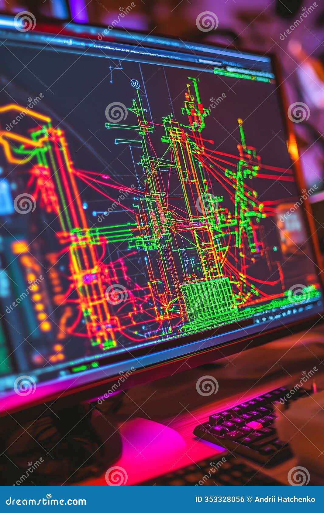 CAD Software Open on a Computer Illustrating an Electrical Power Grid ...
