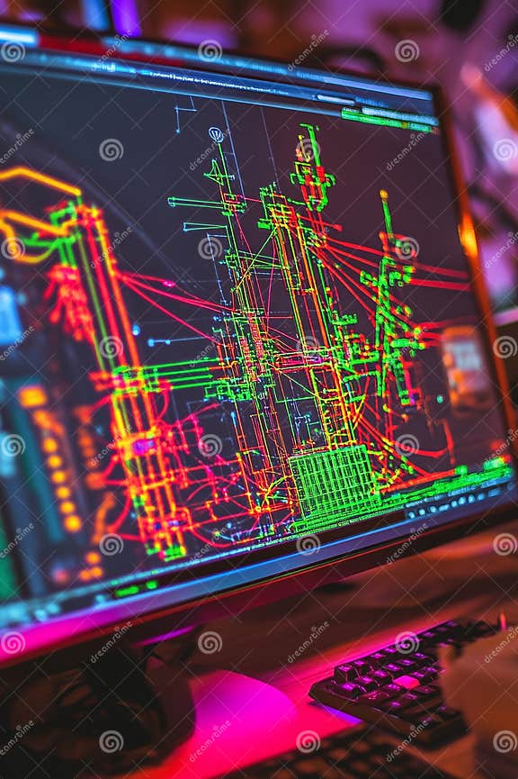 CAD Software Open on a Computer Illustrating an Electrical Power Grid ...