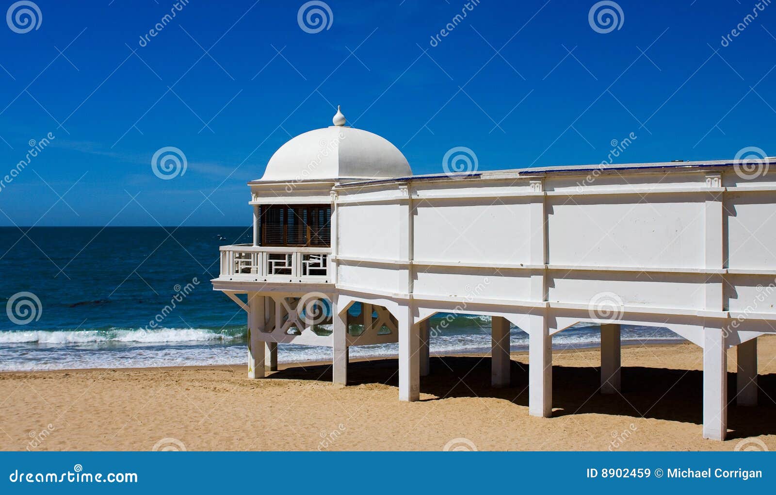 Cadiz Beach with White Observation Deck Stock Image - Image of wood ...