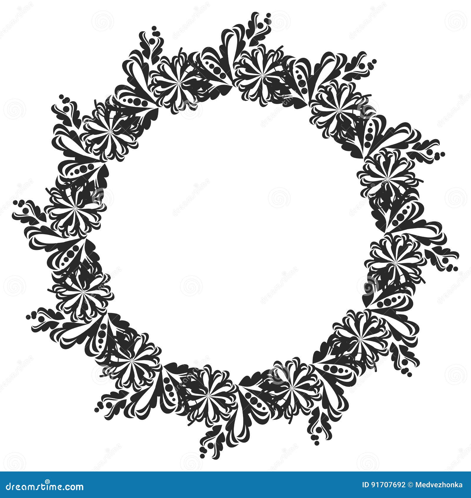 Cadre Rond Noir Et Blanc Avec Des Fleurs Illustration Stock ...