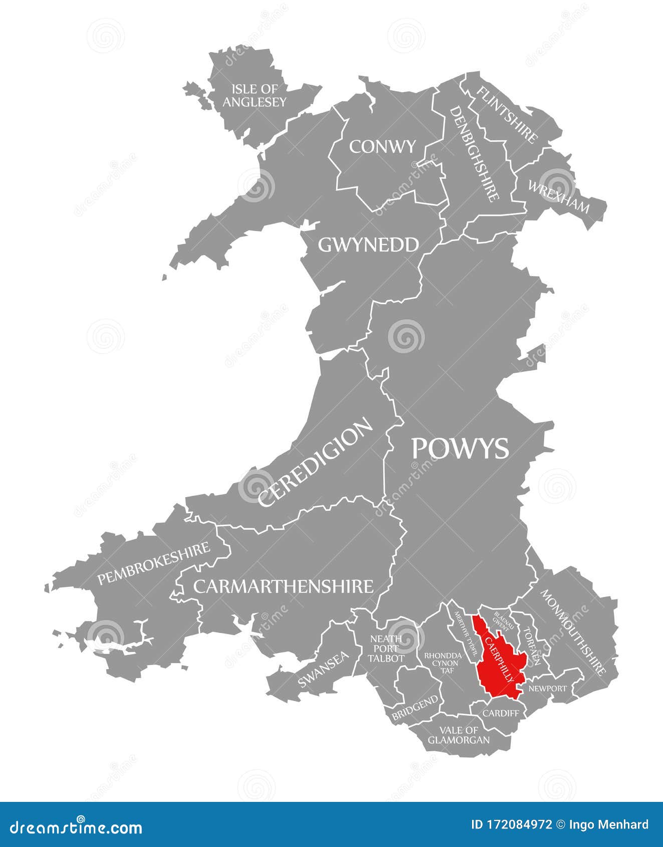 Caerphilly Red Highlighted in Map of Wales Stock Illustration ...