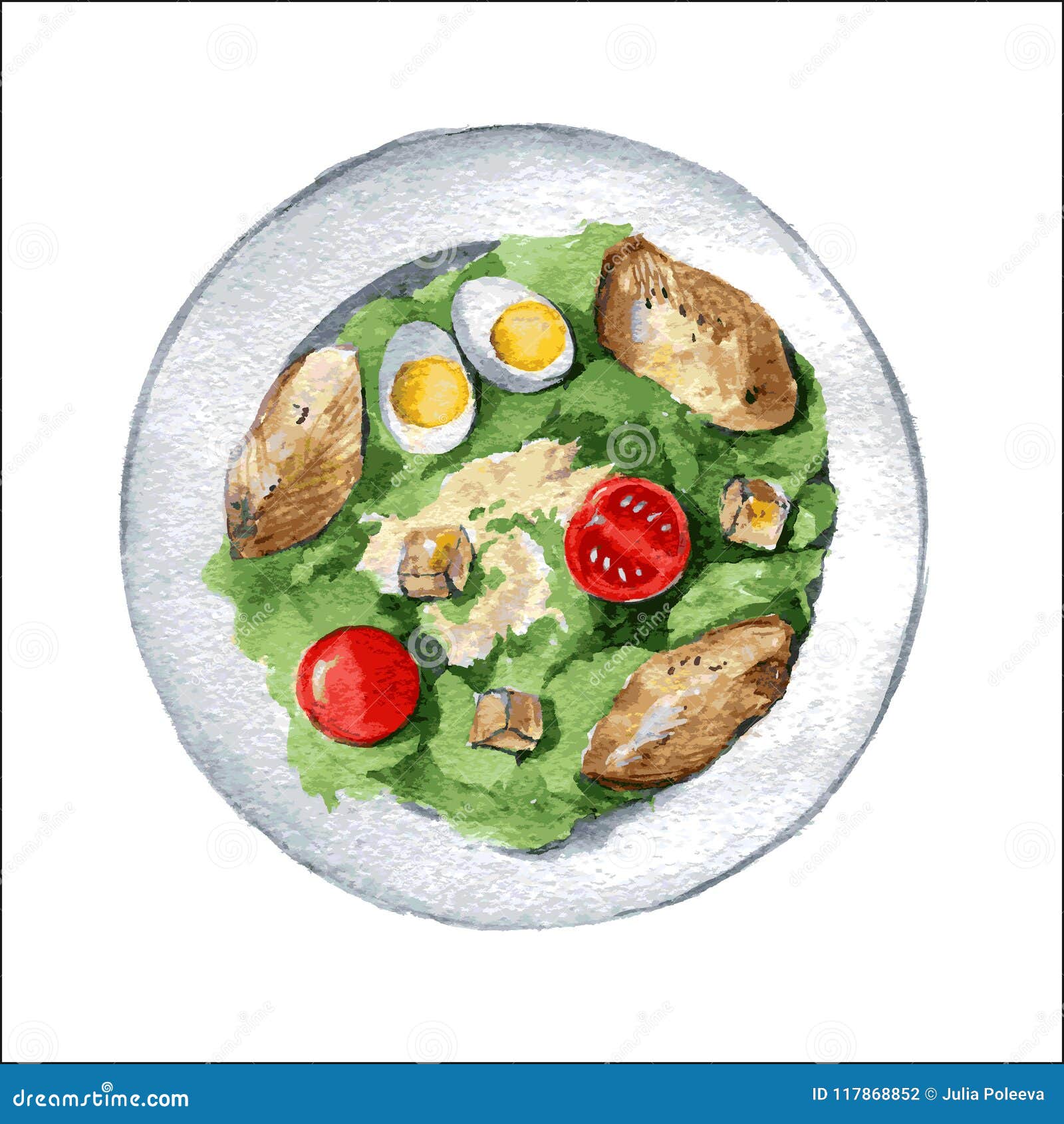 Caesar Salad With Chicken Breast Croutons Eggs And Tomatoes Vector