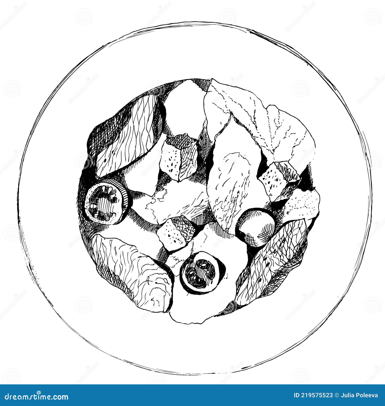 Caesar Salad Chicken Eggs Cheese On Table Vector Sketch Hand Drawn