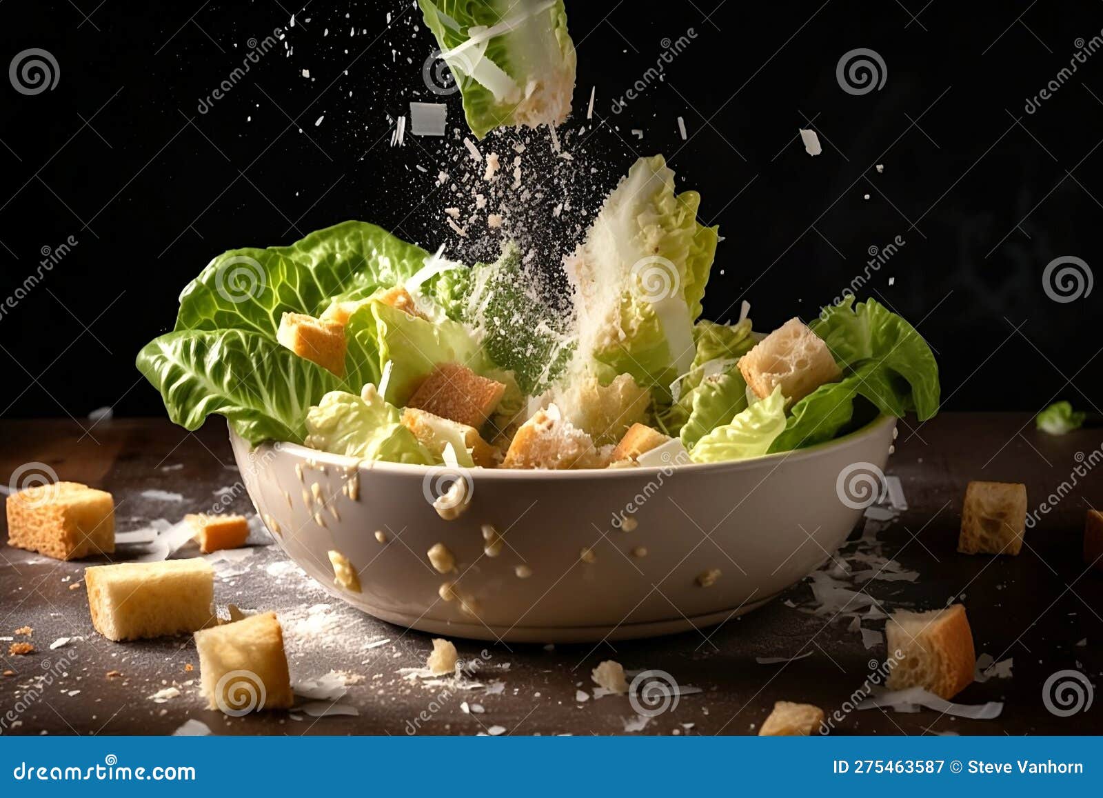 Caesar Salad Ingredients Falling into Bowl Stock Illustration ...