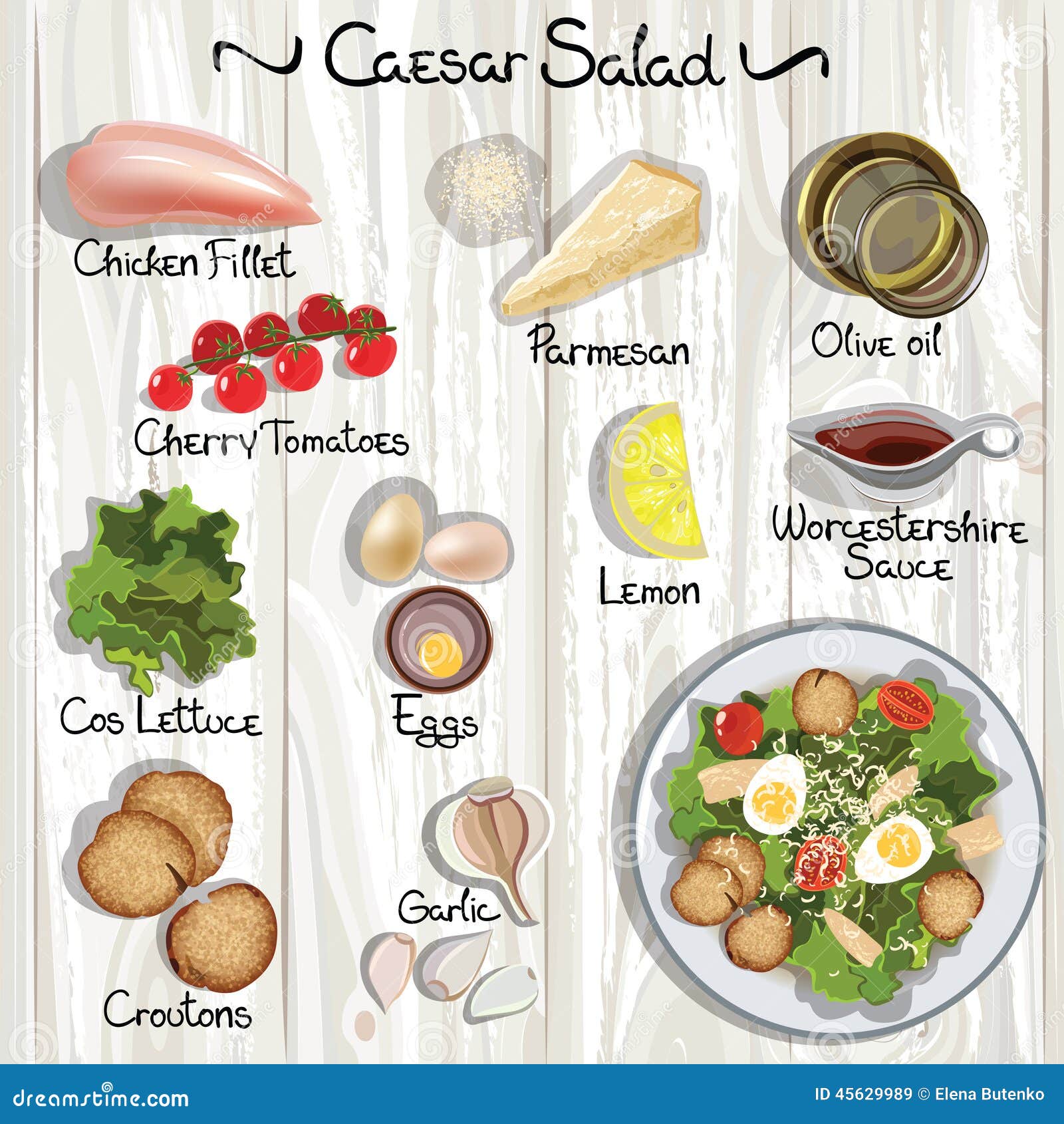 Caesar salad stock vector. Illustration of lettuce, recipe - 45629989