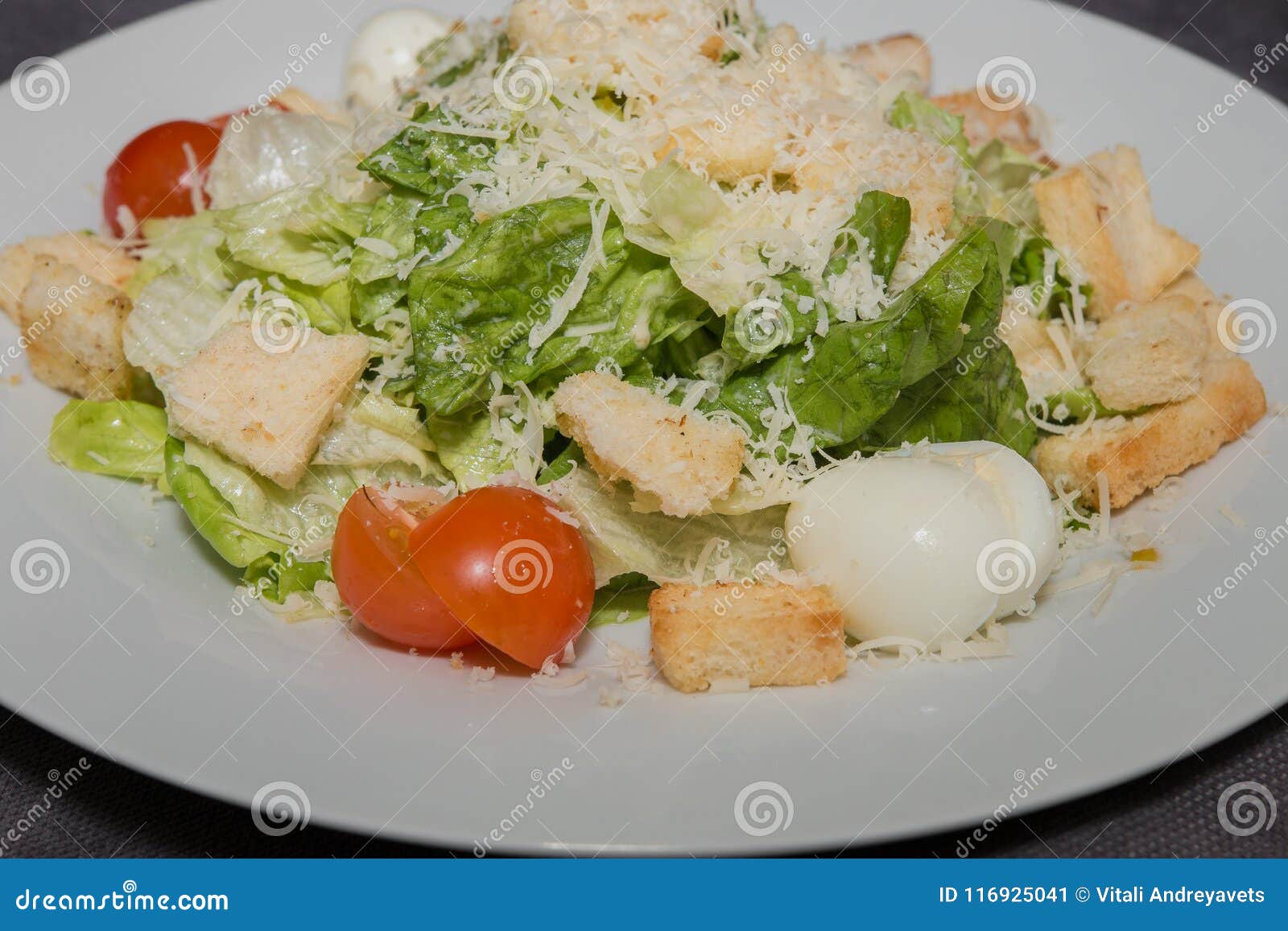 Caesar Salad on a White Plate and a Dark Background Stock Image - Image ...