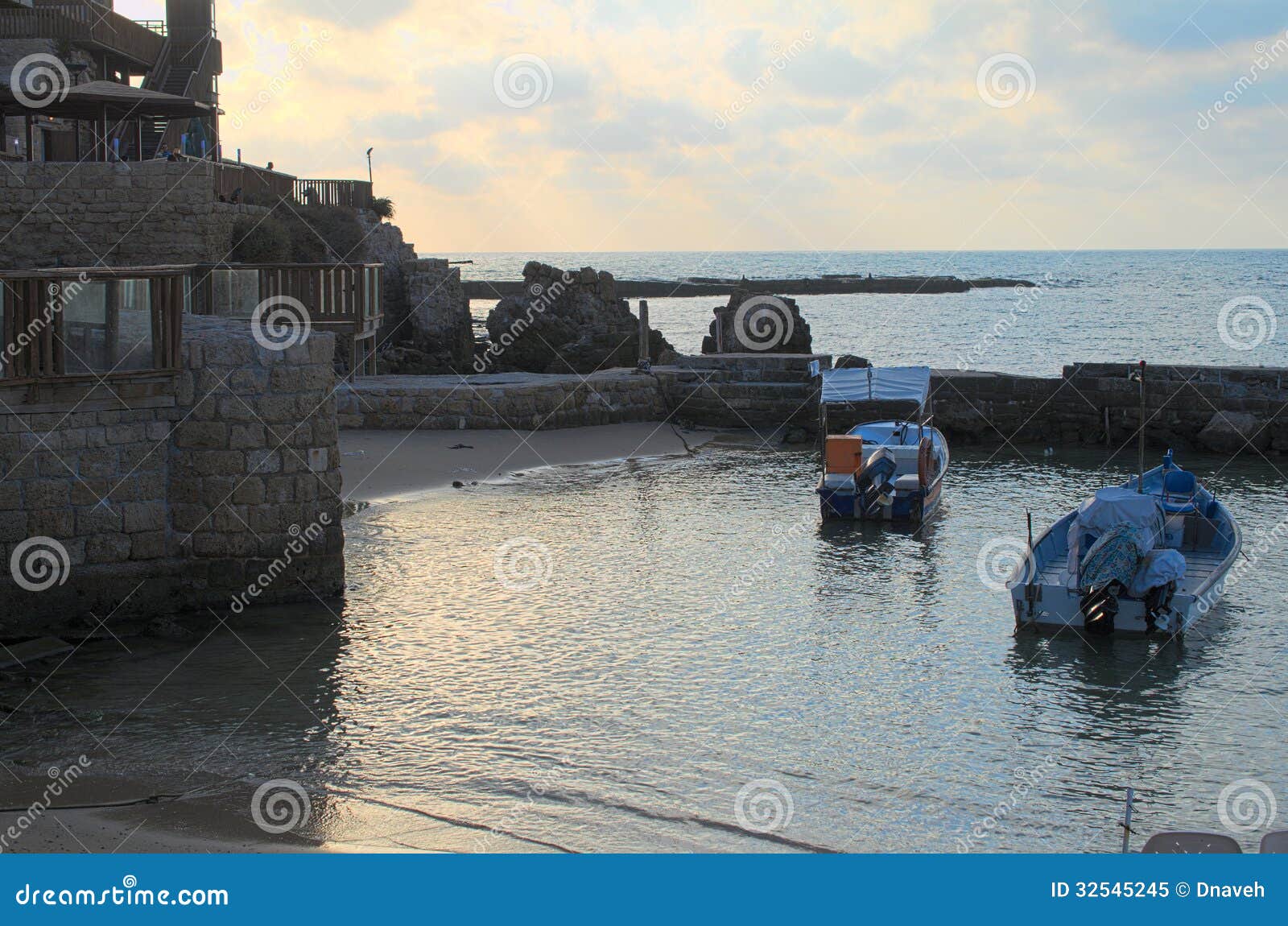Caesarea Harbor and the Mediterranean at Sunset Stock Image - Image of ...