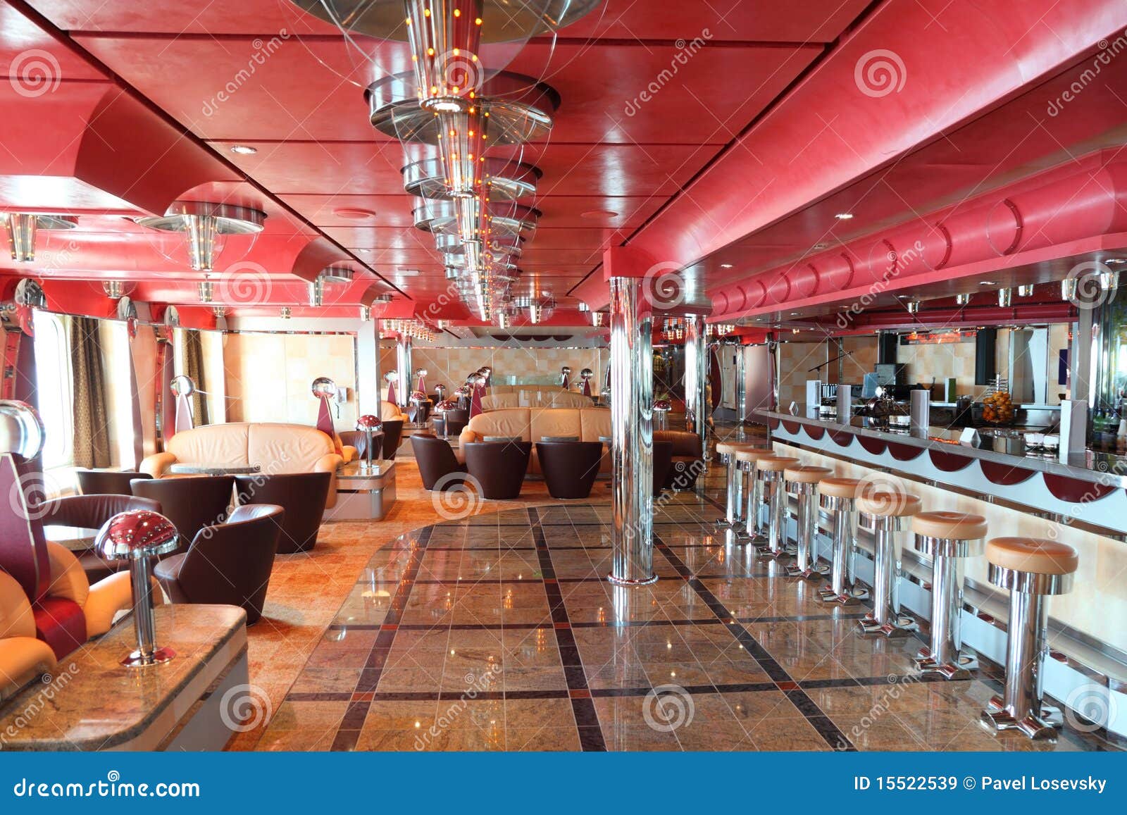 Cafe with Bright Interior, Bar and Red Celling Stock Image - Image of ...