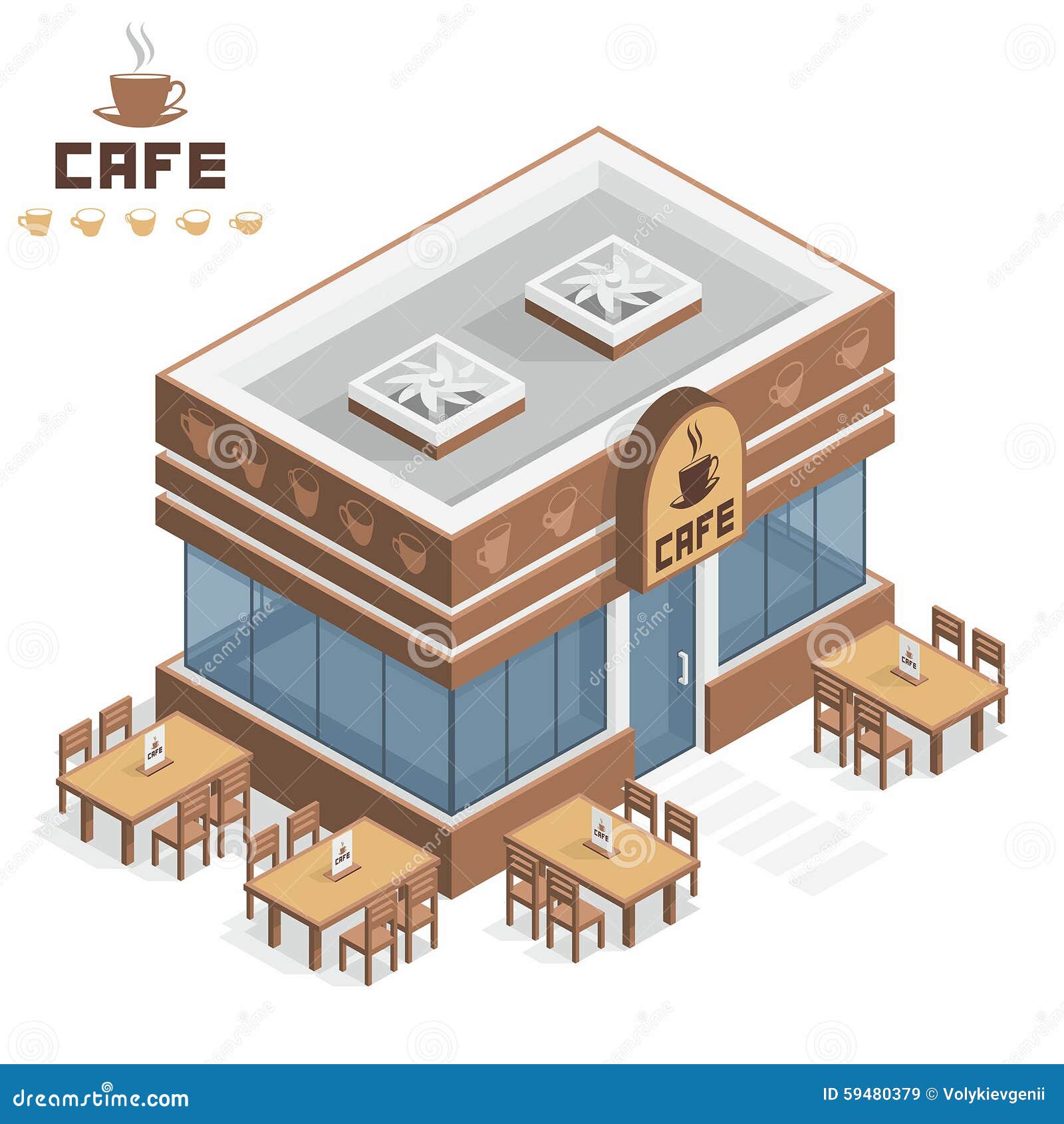 Cafe Building Facade With Outdoor Street Chair Seats And Table. Flat ...