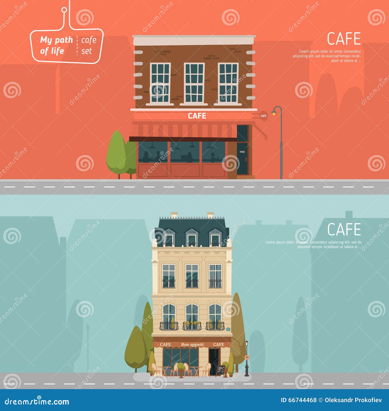 Cafe Buildings. Flat Design Stock Vector - Illustration of outdoor ...