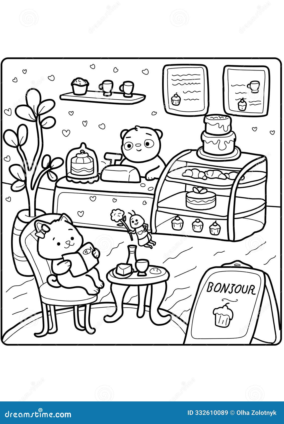 Cafe Coloring Page. Cat Cafe. Kitten, Panda, Bee Stock Illustration ...