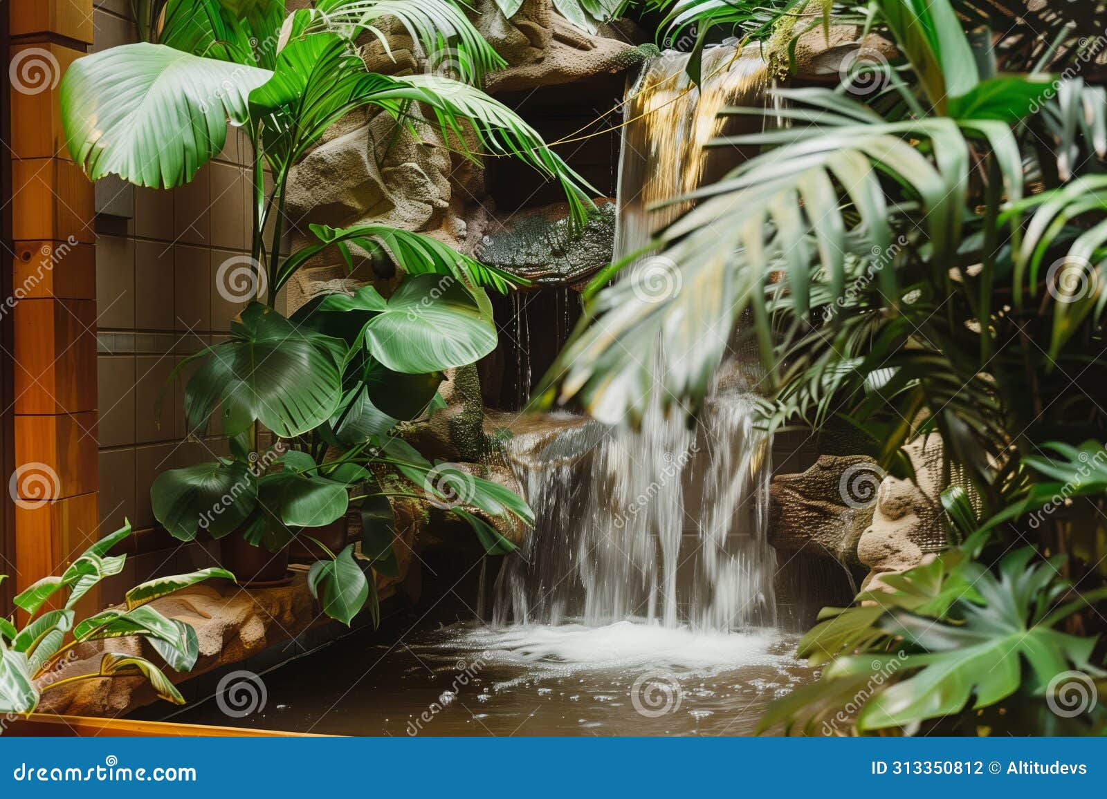 Cafe Corner with a Small Indoor Waterfall and Tropical Plants Stock ...
