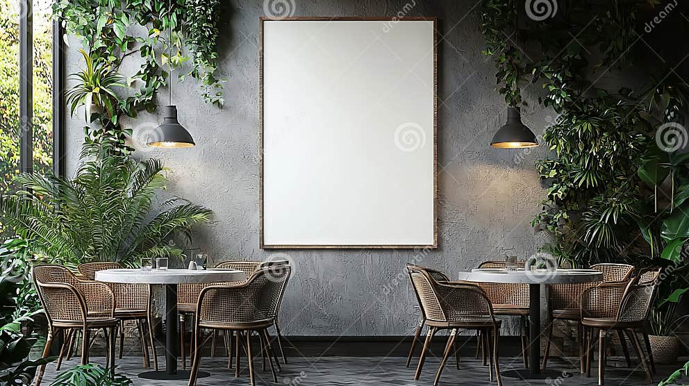 Cafe Frame Mockup with Plants for Artwork or Branding Display Stock ...
