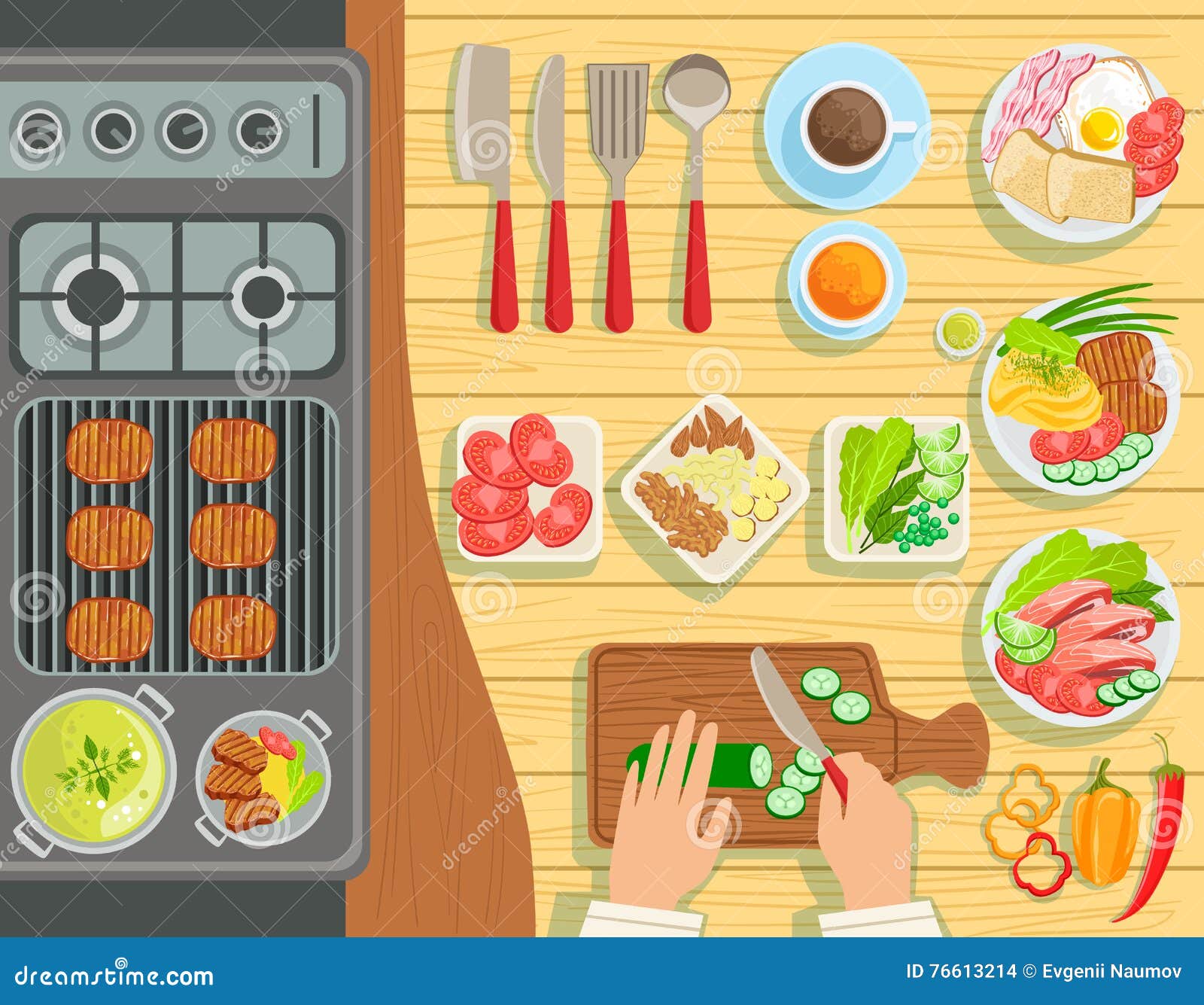 Cafe Grill Cooking Process Elements Set View from Above Stock Vector ...