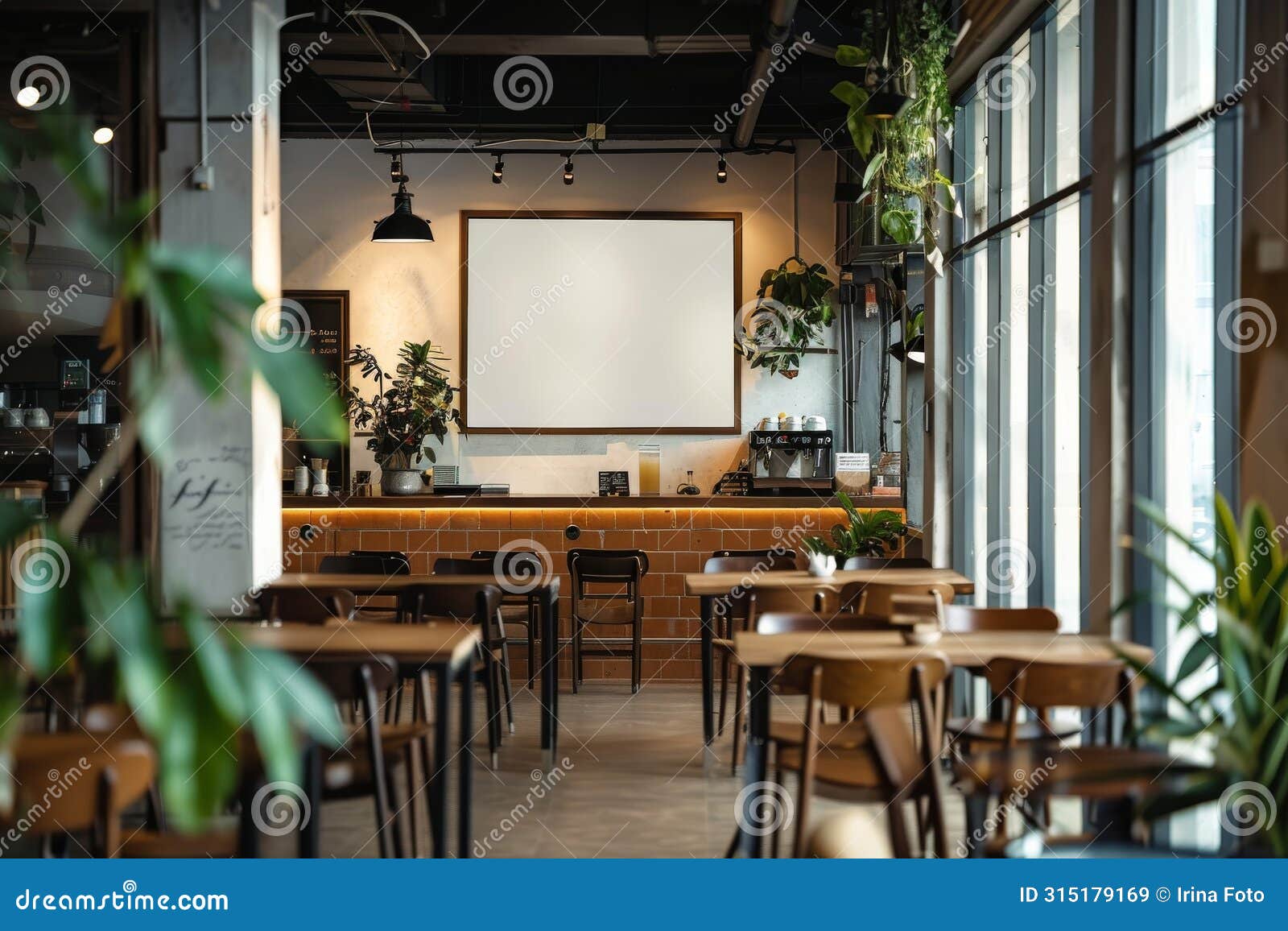 Cafe Interior with Blank Menu on Wall Stock Image - Image of trendy ...