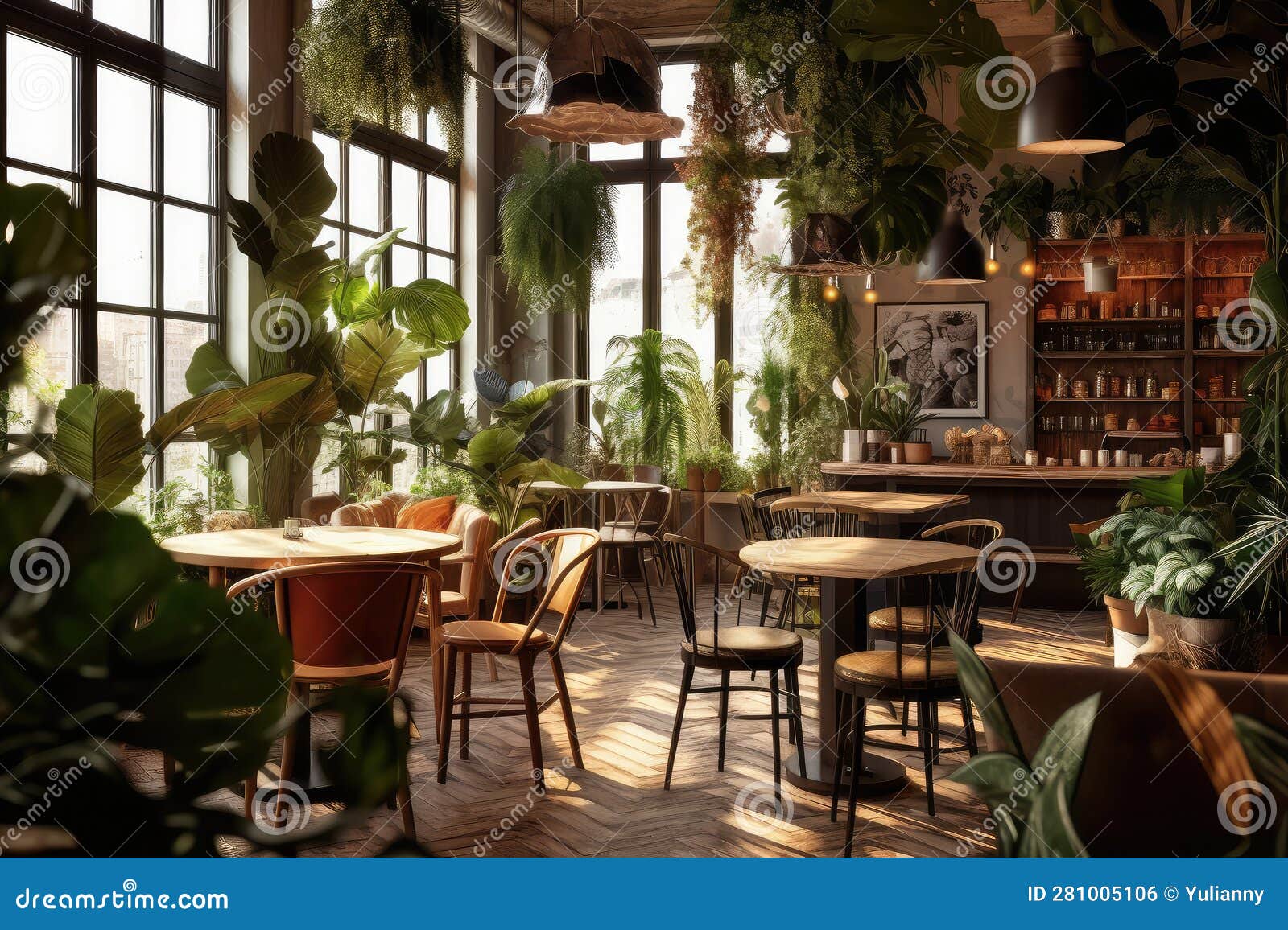 Cafe Interior in Botanical Style with Plant. Generative AI Stock ...