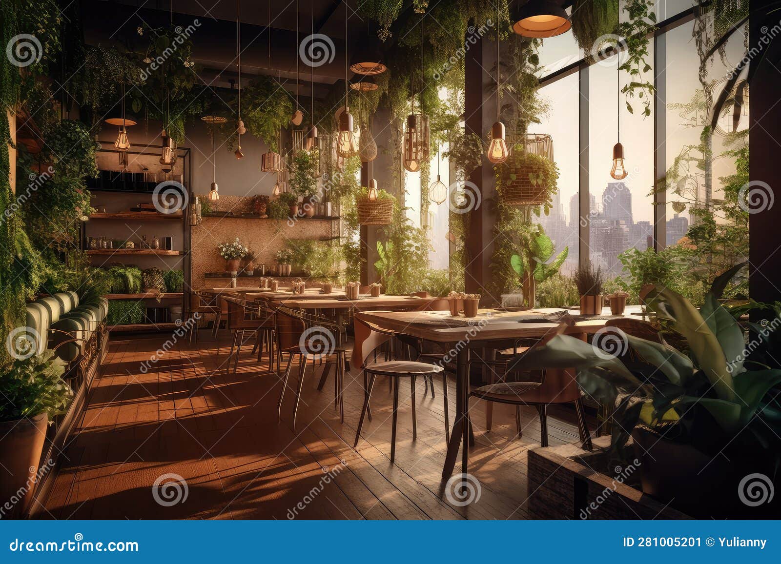 Cafe Interior in Botanical Style with Plant. Generative AI Stock ...