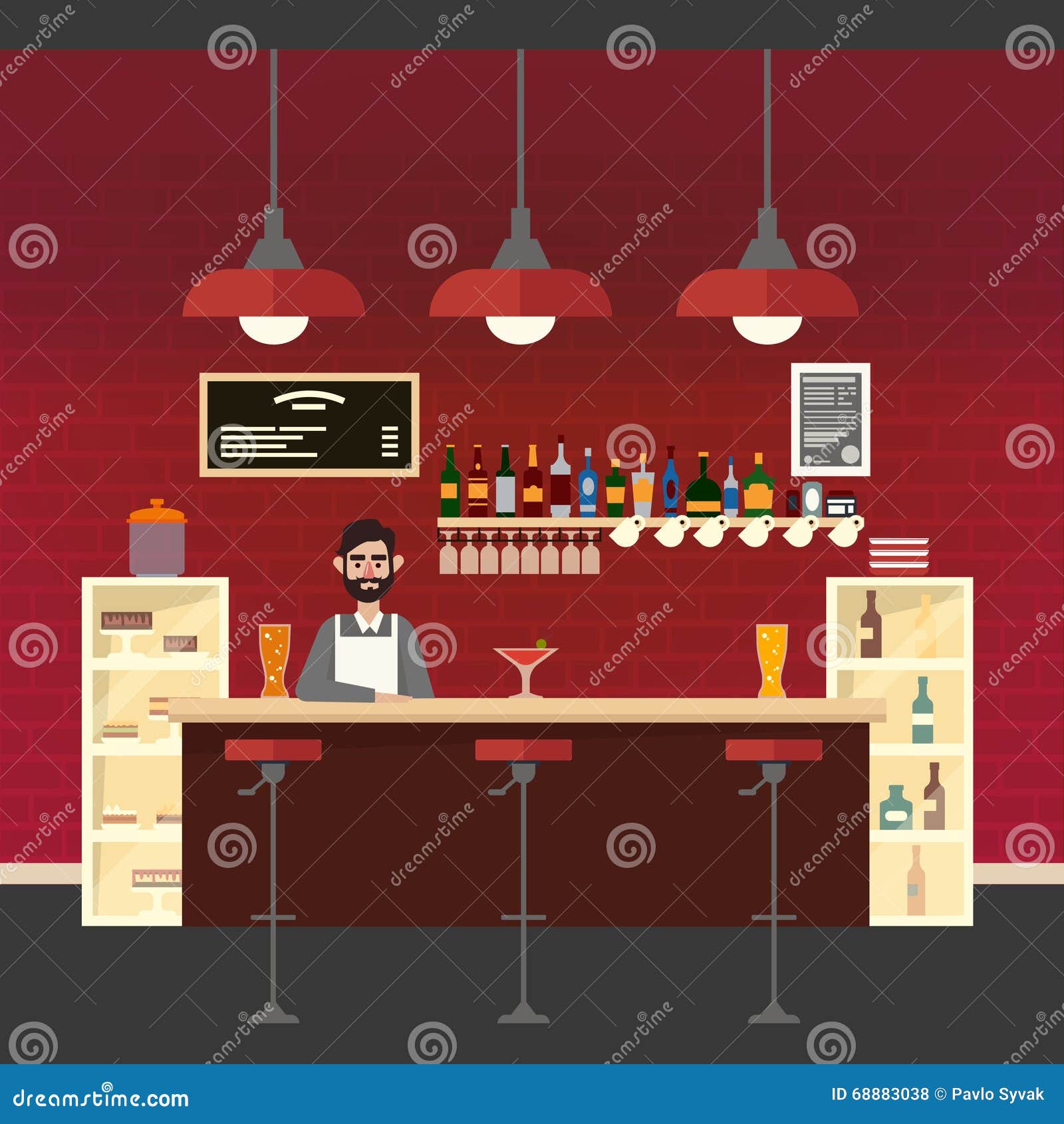Cafe Interior. Different Beverages. Barman. Bar Table Stock Vector ...