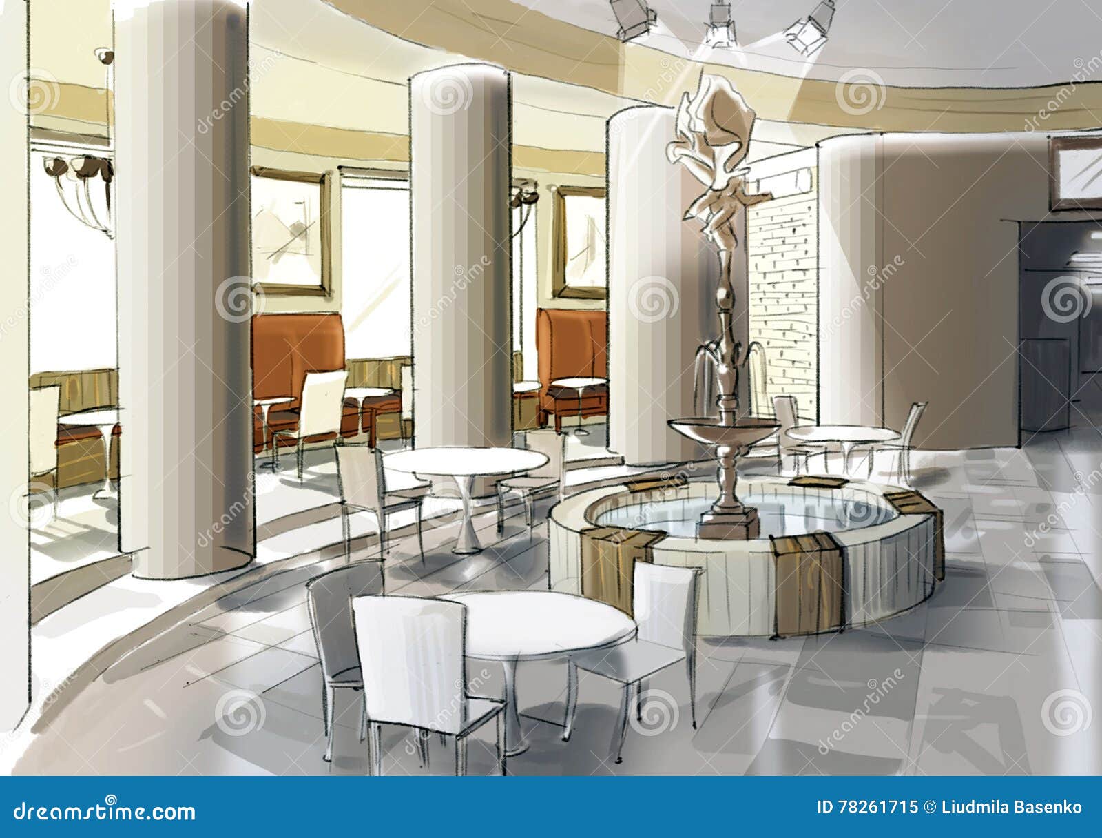 Cafe Interior with a Fountain Stock Illustration - Illustration of oval ...