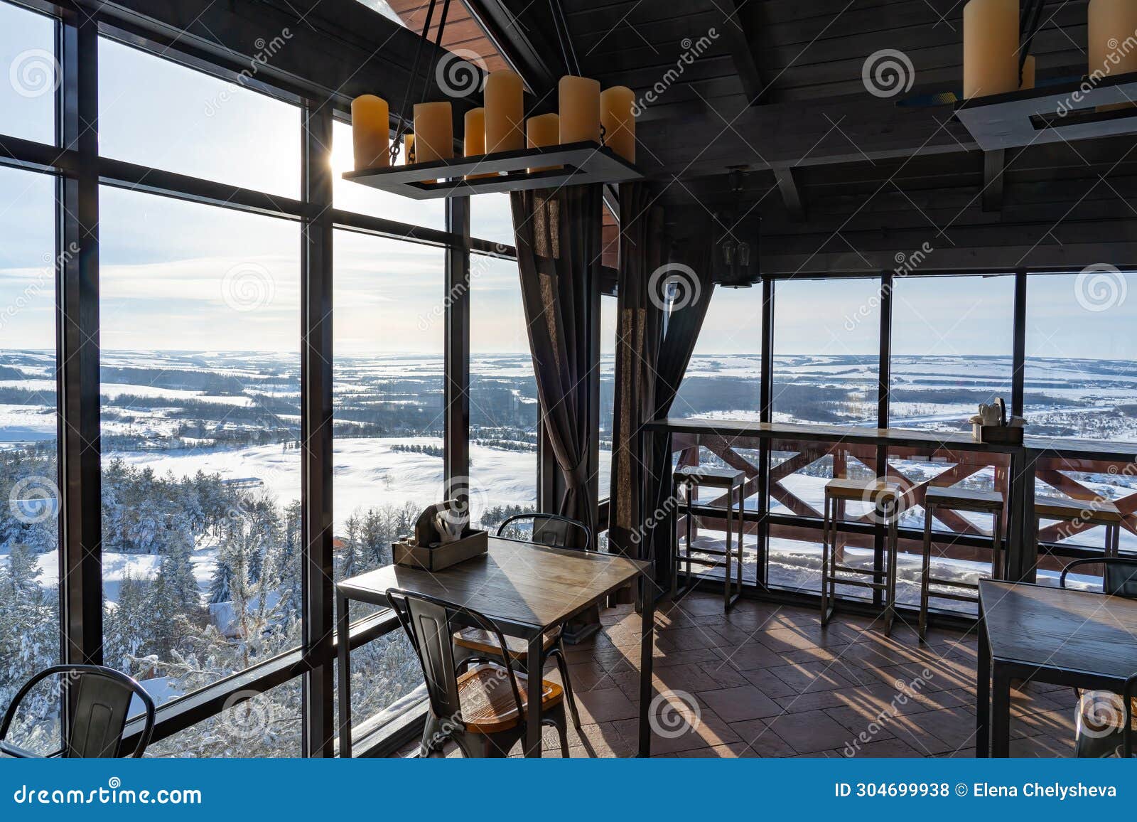 Cafe Interior with Panoramic Windows Overlooking the Slope, Ski Resort ...