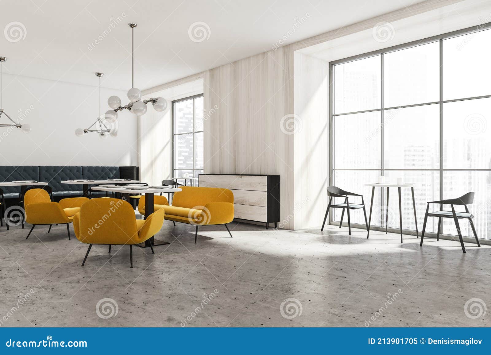 Cafe Interior with Tables and Armchairs, Open Space Restaurant Stock ...