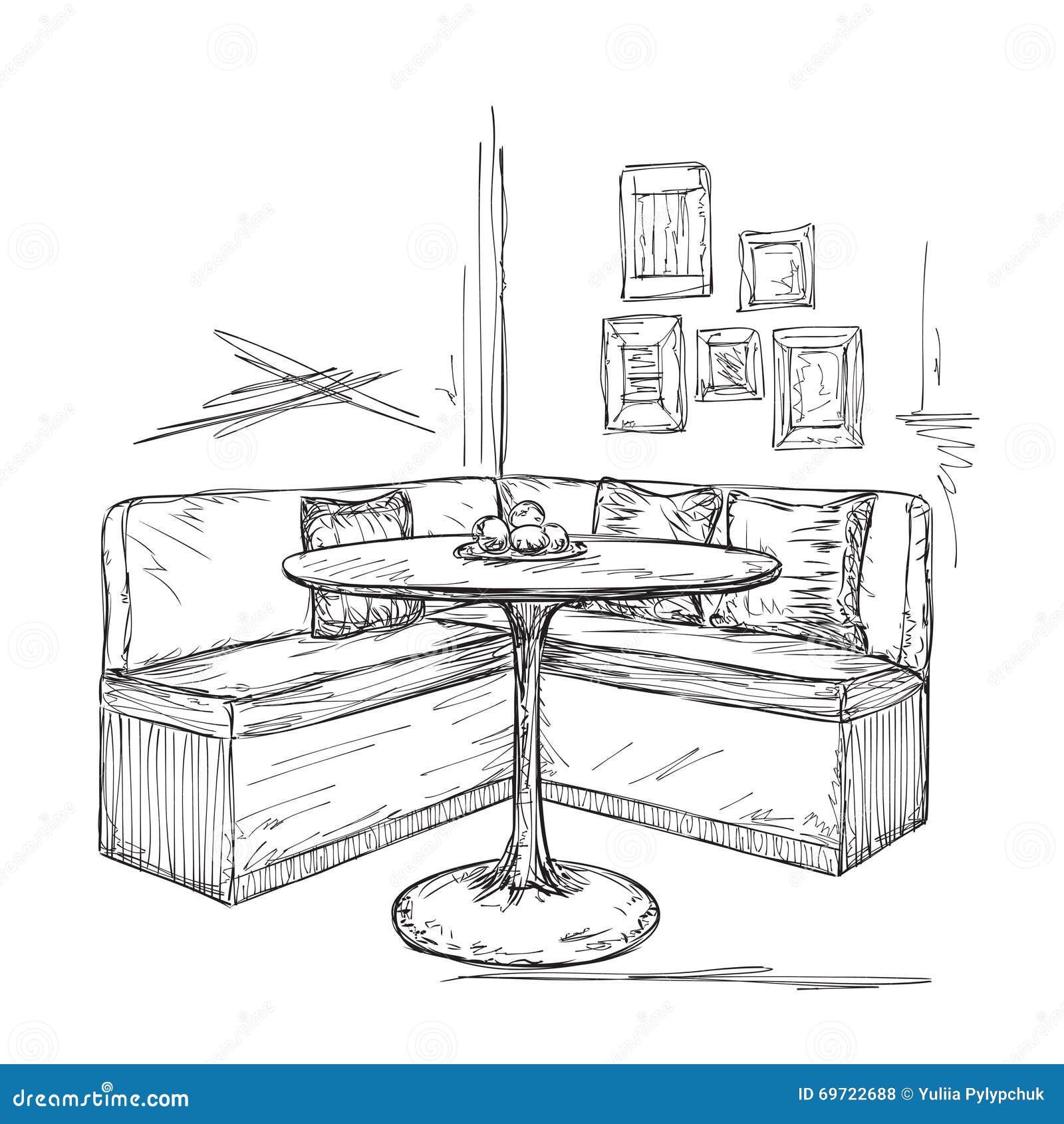 Cafe or Kitchen Interior. Table and Sofa Sketch Stock Vector ...