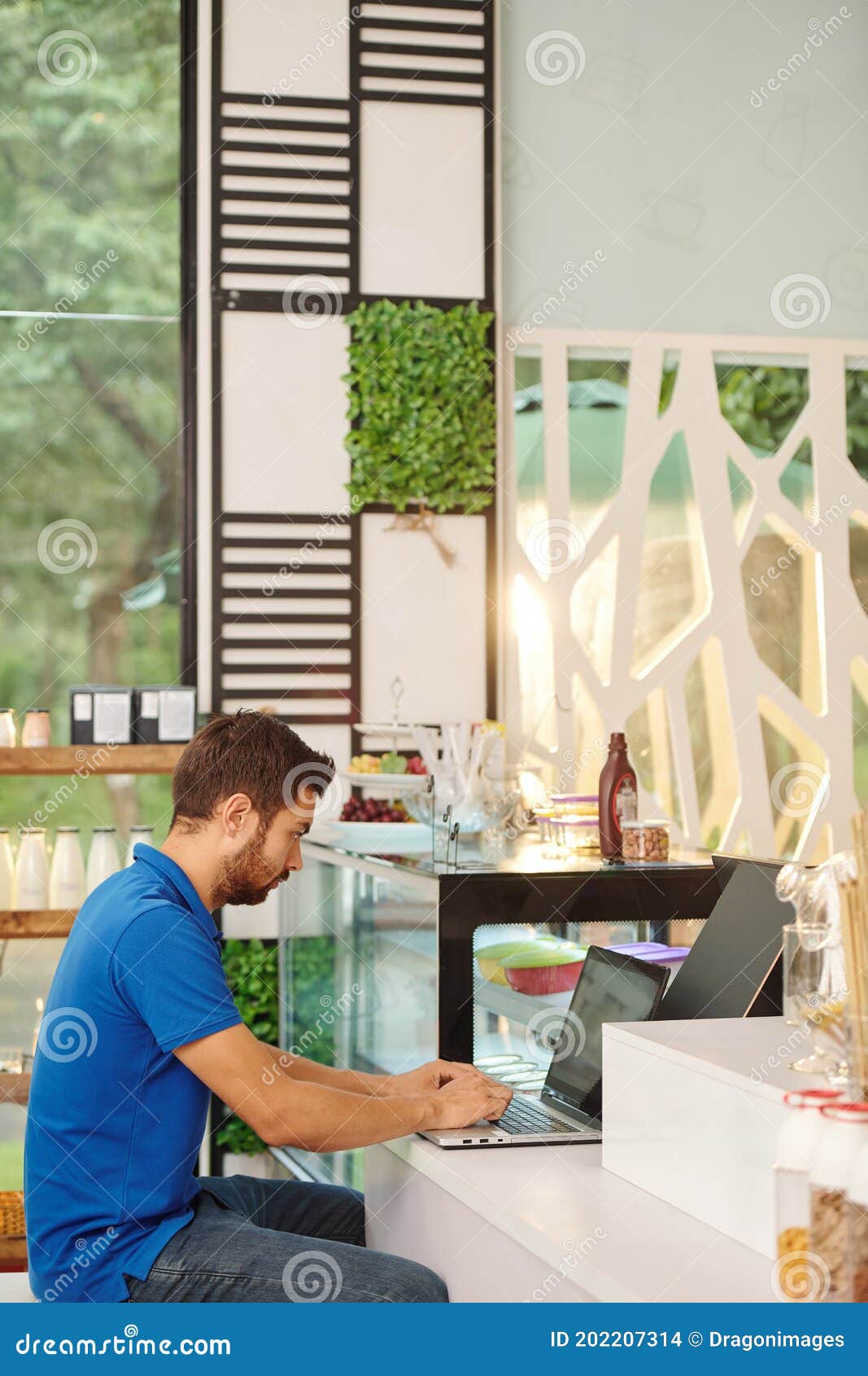 Cafe Manager Working on Laptop Stock Photo - Image of cafe, working ...