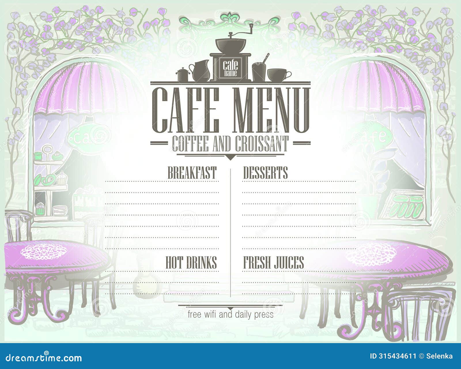 Cafe Menu Blank Template with Street Cafe Graphic Illustration Stock ...