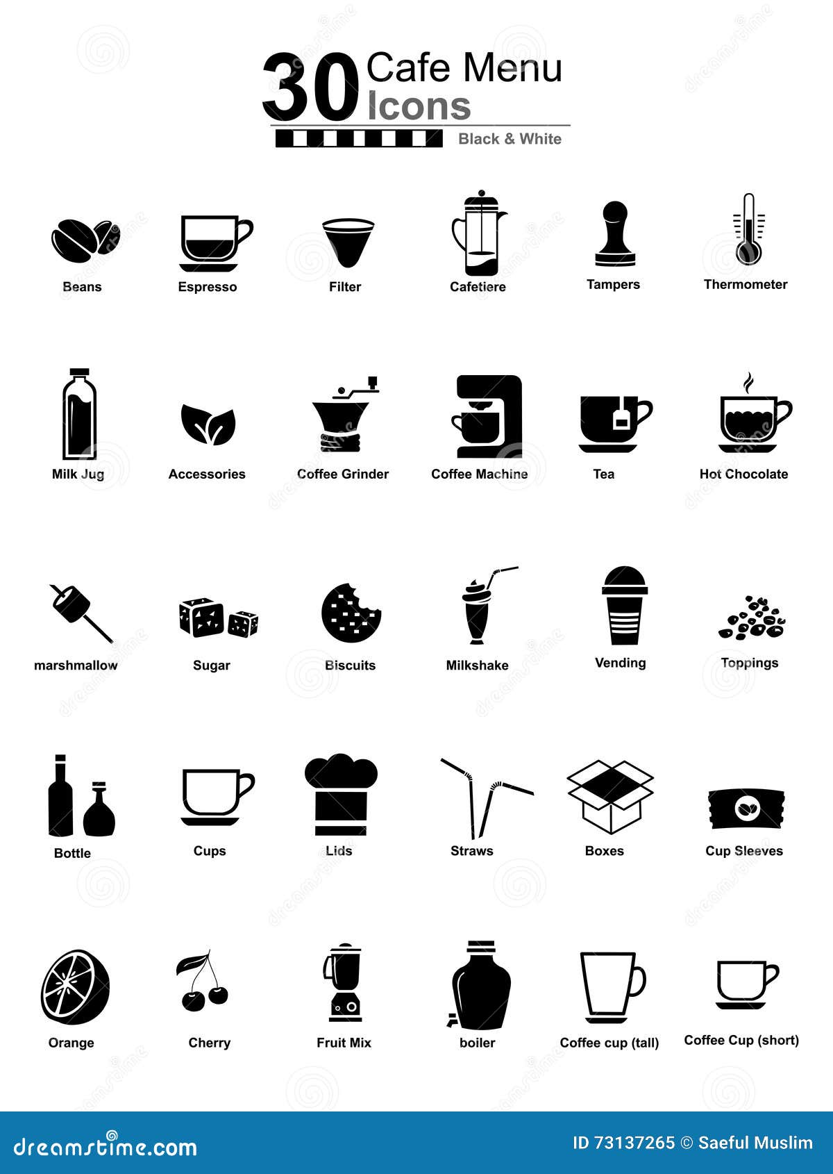 30 Cafe Menu Icons stock vector. Illustration of flat - 73137265