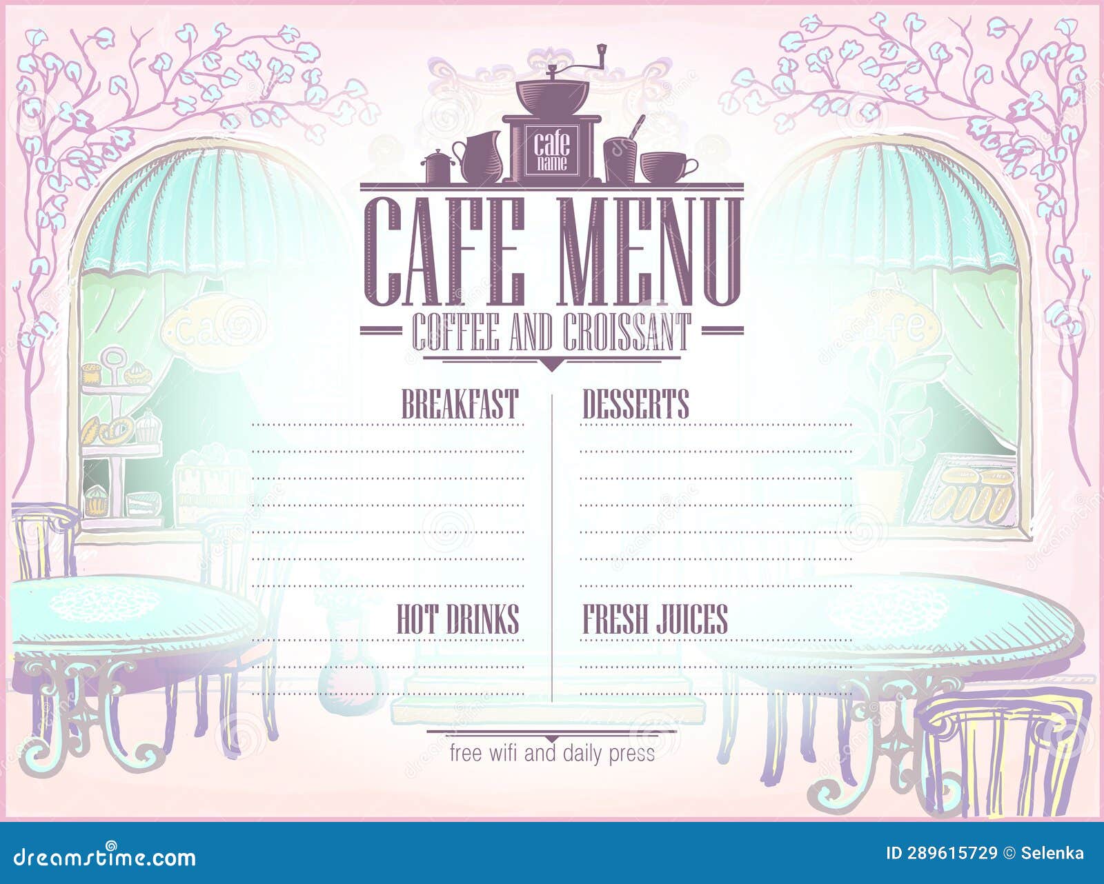Cafe Menu List Template with Old Style Street Cafe Graphic Backdrop ...