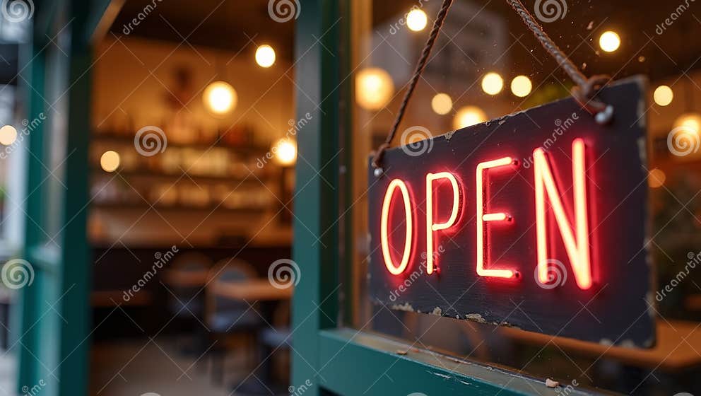 Cafe Open Sign on Vintage Storefront Stock Illustration - Illustration ...