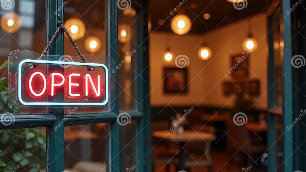 Cafe Open Sign on Vintage Storefront Stock Illustration - Illustration ...