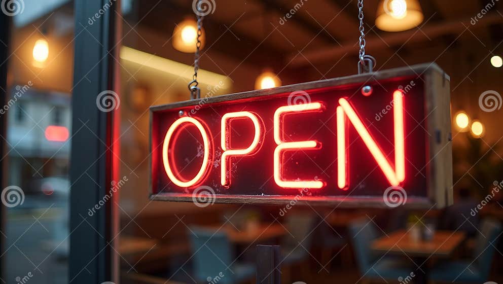 Cafe Open Sign on Vintage Storefront Stock Illustration - Illustration ...