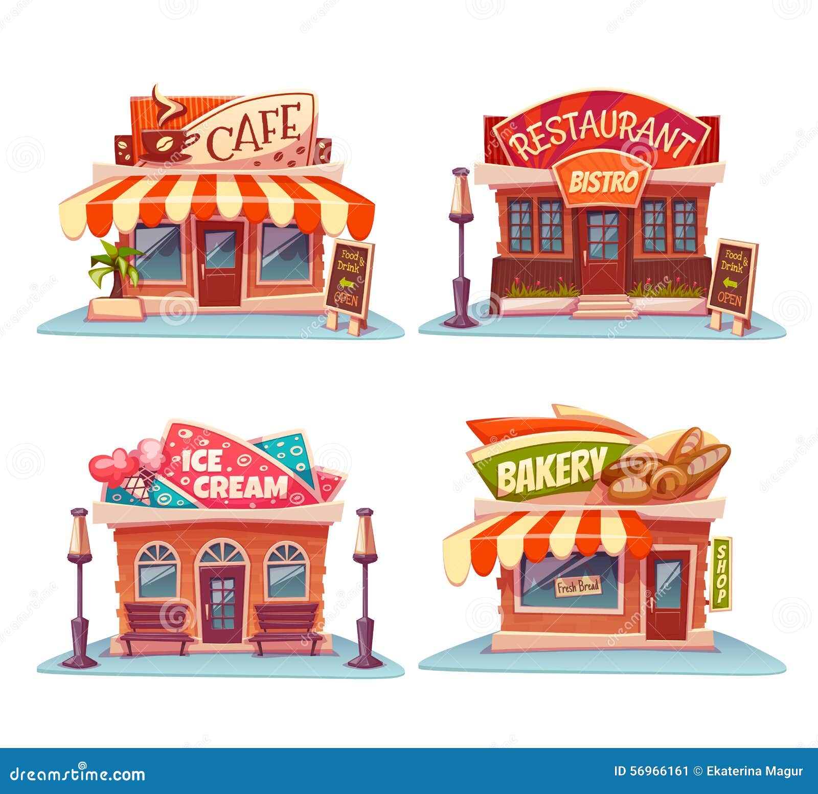 Cafe, Restaurant, Ice-cream Shop And Bakery Cartoon Vector ...