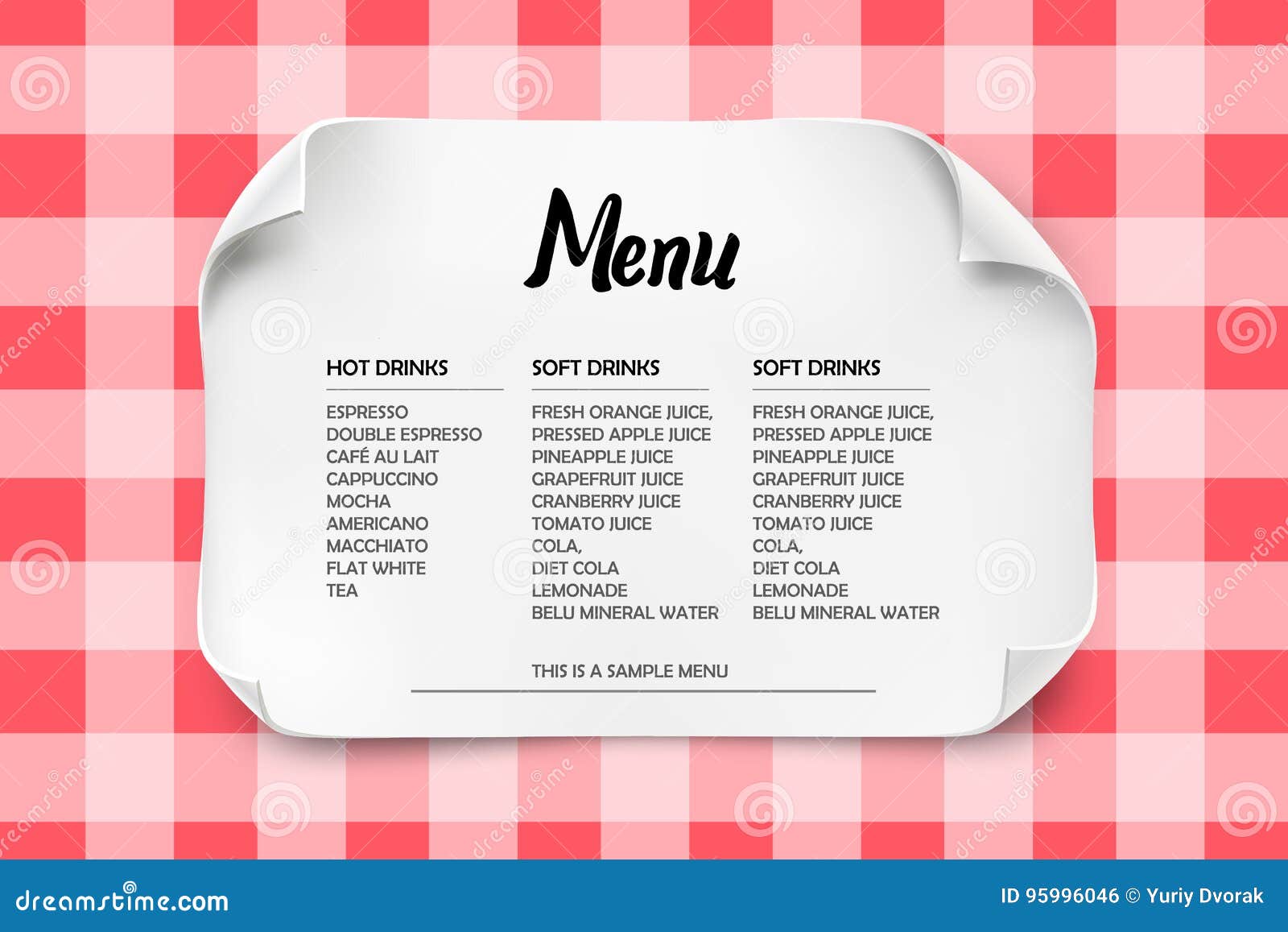 Cafe or Restaurant Menu Design with Curved Paper on a Tablecloth. Stock ...