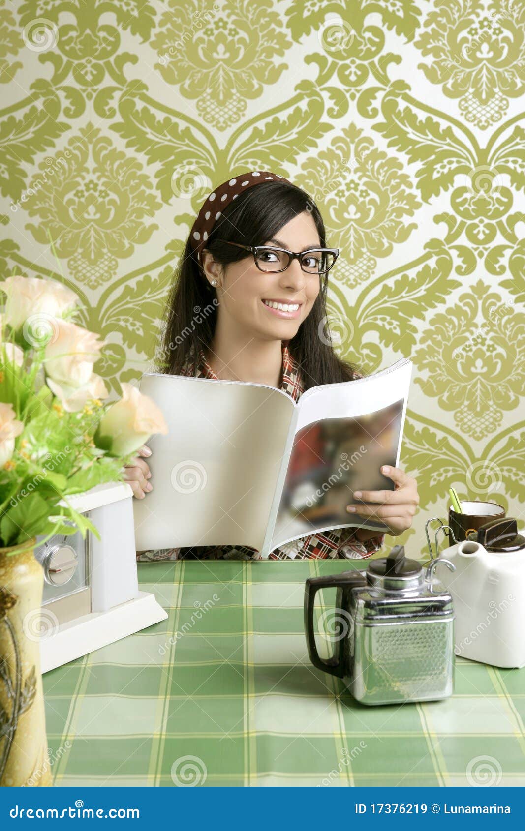 Cafe Retro Woman Kitchen Coffee with Magazine Stock Image - Image of ...
