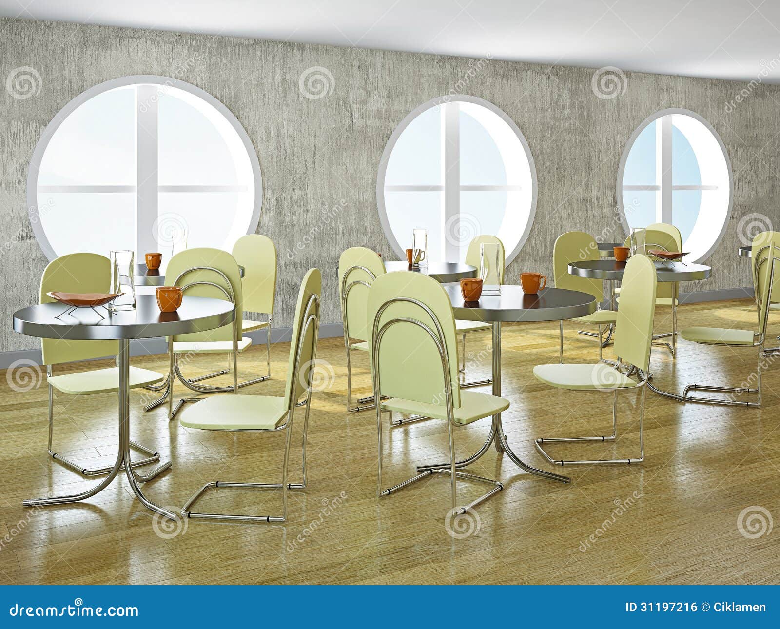 Cafe with round windows stock illustration. Illustration of horizontal ...