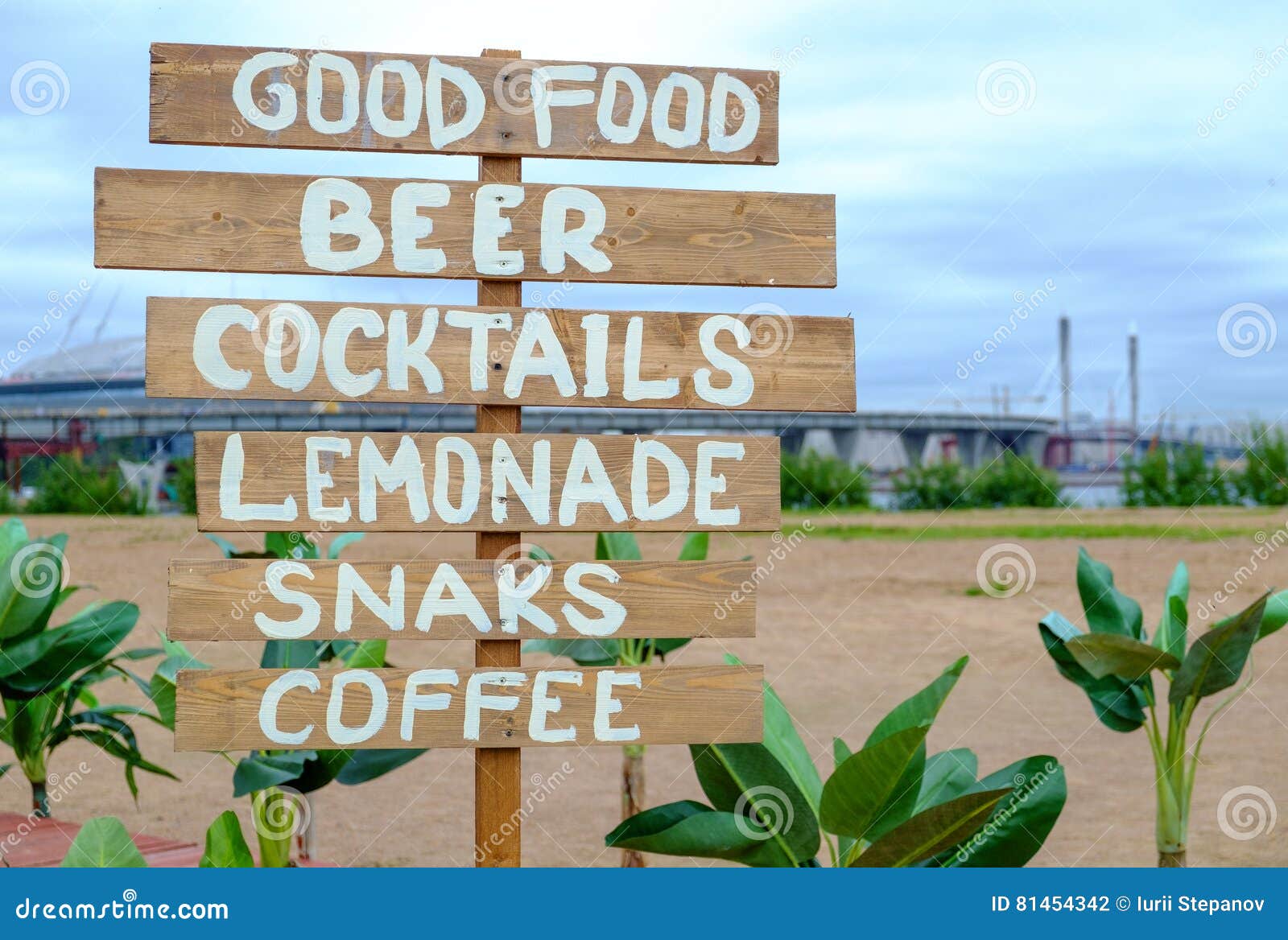 Cafe signpost on the beach stock photo. Image of billboard - 81454342
